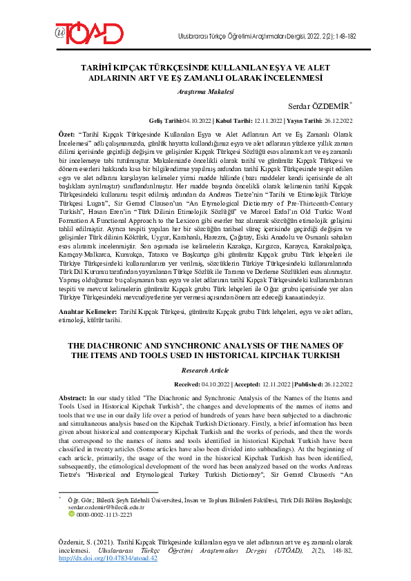 (PDF) TARİHÎ KIPÇAK TÜRKÇESİNDE KULLANILAN EŞYA VE ALET ADLARININ ART ...