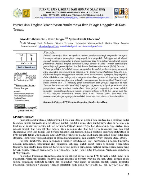 (PDF) Potensi dan Tingkat Pemanfaatan Sumberdaya Ikan Pelagis Unggulan di Kota Ternate