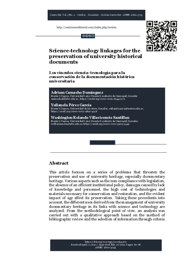 (PDF) Science-technology linkages for the preservation of university historical documents