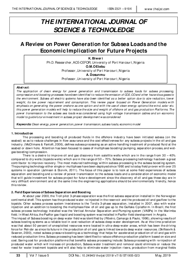 (PDF) A Review on Power Generation for Subsea Loads and the Economic ...