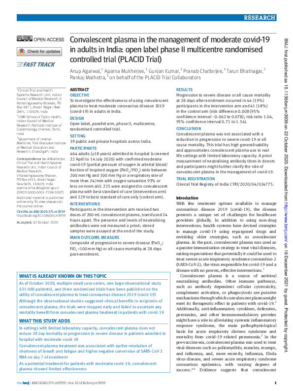 (PDF) Convalescent plasma in the management of moderate covid-19 in ...
