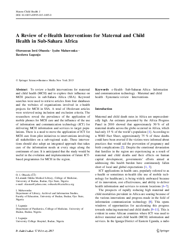 (PDF) A Review of e-Health Interventions for Maternal and Child Health ...