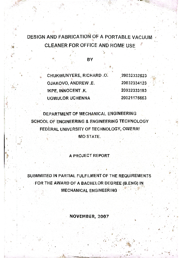 (PDF) DESIGN AND FABRICATION OF A VACUUM CLEANER