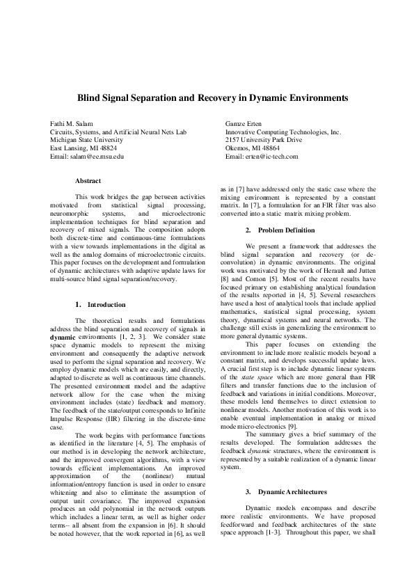 (PDF) Blind signal separation and recovery in dynamic environments
