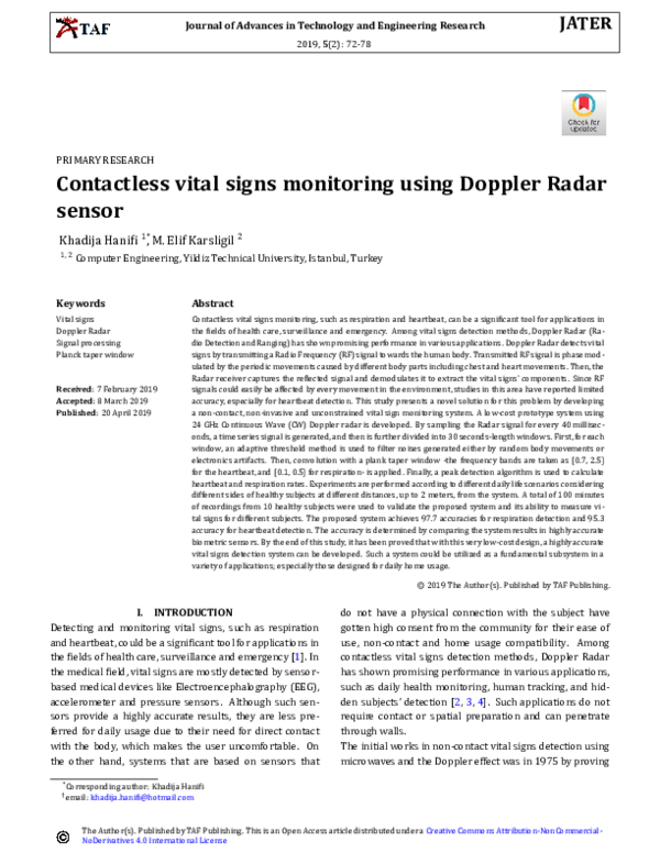 (PDF) Contact less signs monitoring using doppler radar sensor