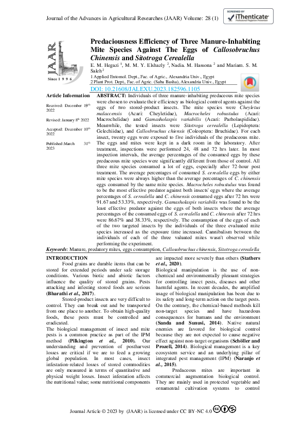 (PDF) Predaciousness Efficiency of Three Manure-Inhabiting Mite Species ...