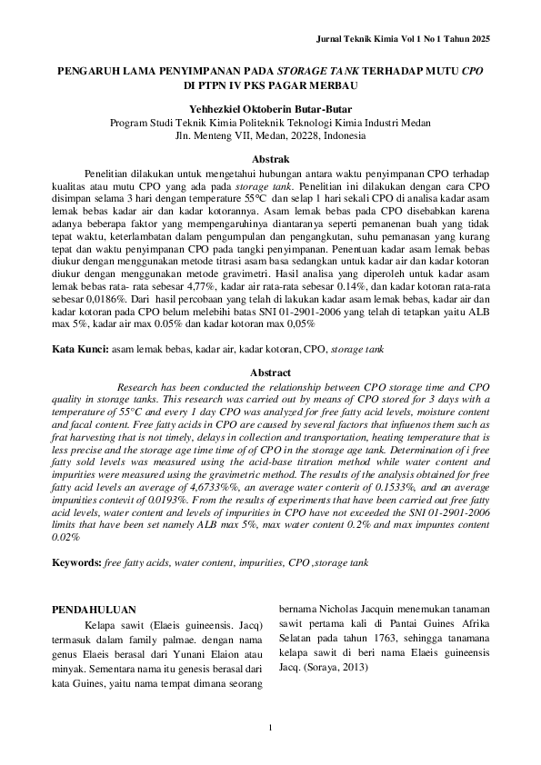 (PDF) JURNAL PENGARUH LAMA PENYIMPANAN PADA STORAGE TANK TERHADAP MUTU CPO DI PTPN IV PKS PAGAR ...