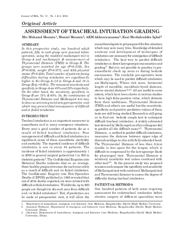 (PDF) Assessment of Tracheal Intubation Grading