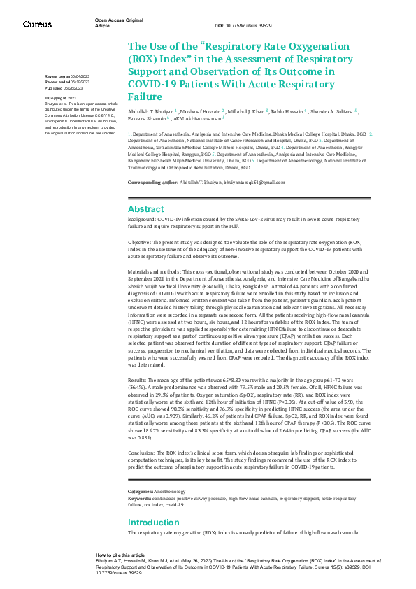 (PDF) The Use of the “Respiratory Rate Oxygenation (ROX) Index” in the Assessment of Respiratory ...
