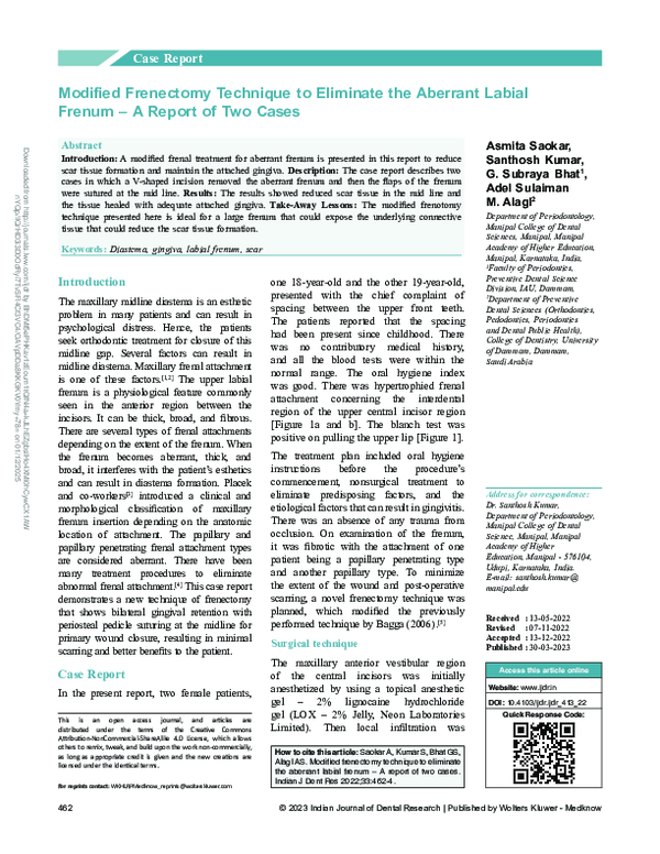 (PDF) Modified Frenectomy Technique to Eliminate the Aberrant Labial ...