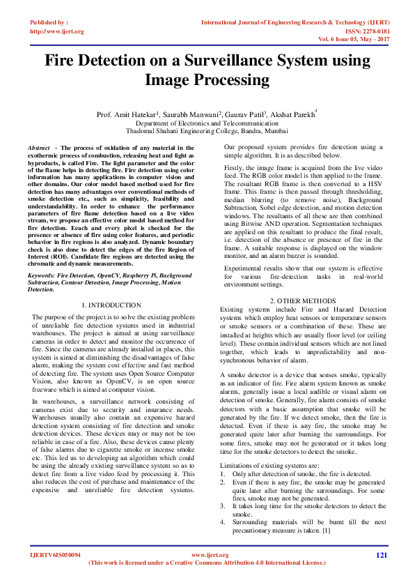 (PDF) Fire Detection on a Surveillance System using Image Processing