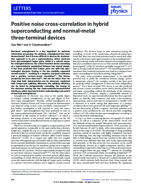 (PDF) Positive noise cross-correlation in hybrid superconducting and normal-metal three-terminal ...