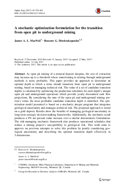 Pdf A Stochastic Optimization Formulation For The Transition From Open Pit To Underground Mining