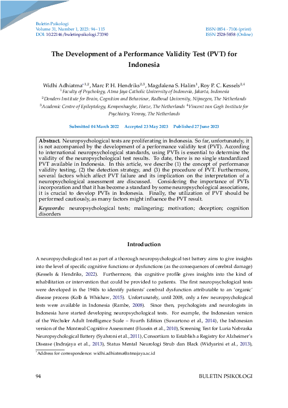 (PDF) The Development of a Performance Validity Test (PVT) for Indonesia