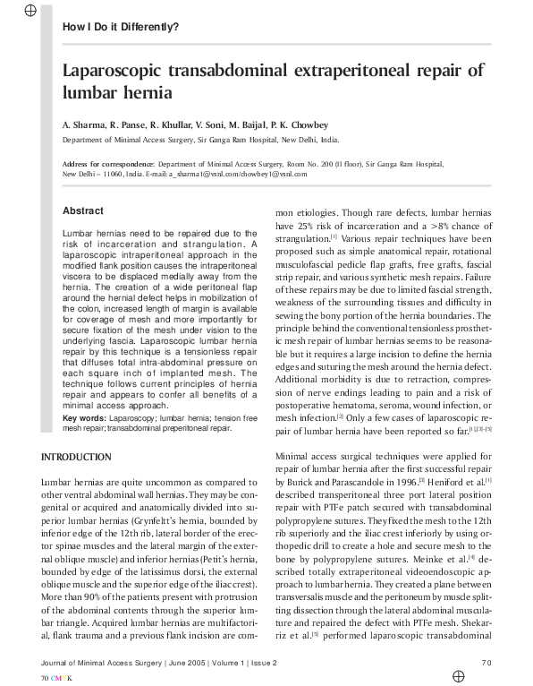 (PDF) Laparoscopic transabdominal extraperitoneal repair of lumbar hernia
