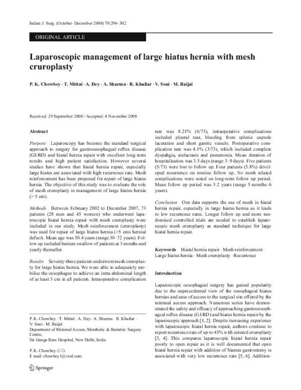 (PDF) Laparoscopic management of large hiatus hernia with mesh cruroplasty