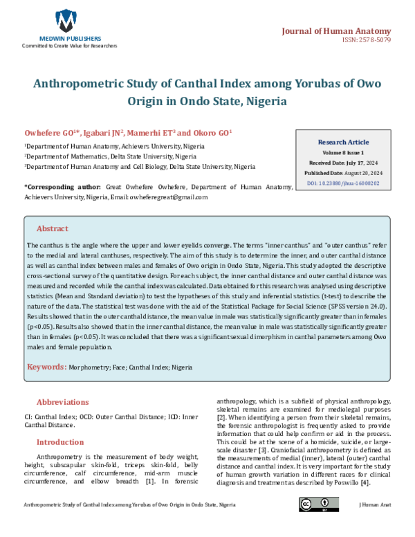 (PDF) Anthropometric study of canthal index among yorubas of owo origin ...