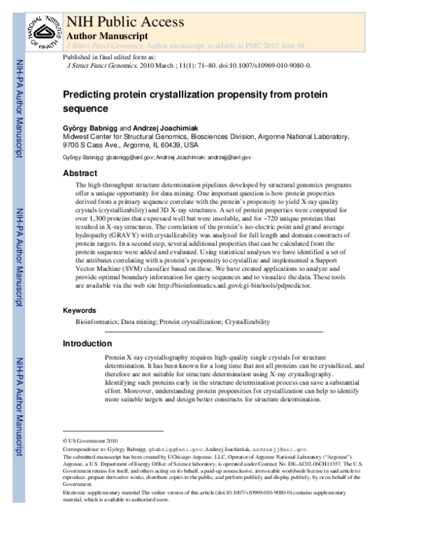 (PDF) Predicting protein crystallization propensity from protein sequence