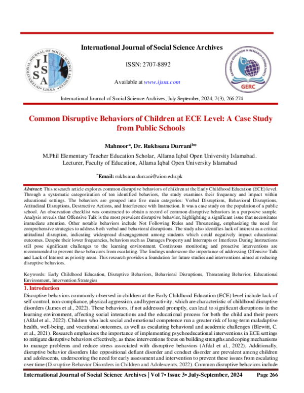 (PDF) Common Disruptive Behaviors of Children at ECE Level: A Case ...