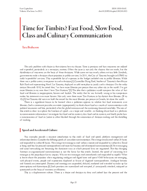 (PDF) Time for Timbits? Fast Food, Slow Food, Class and Culinary ...