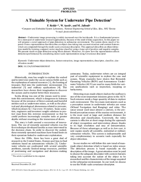 Pdf A Trainable System For Underwater Pipe Detection