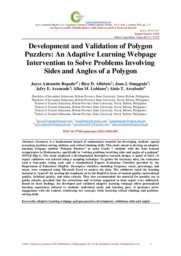 (PDF) Development and Validation of Polygon Puzzlers: An Adaptive Learning Webpage Intervention ...