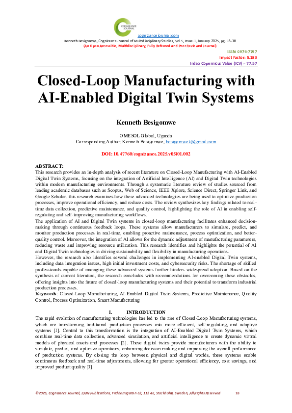 (PDF) Closed-Loop Manufacturing with AI-Enabled Digital Twin Systems
