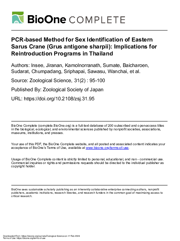 Pcr Based Method For Sex Identification Of Eastern Sarus Crane Grus