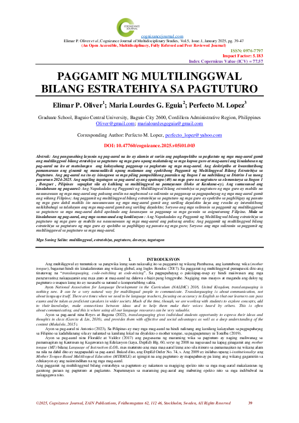 (PDF) PAGGAMIT NG MULTILINGGWAL BILANG ESTRATEHIYA SA PAGTUTURO