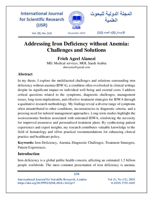(PDF) Addressing Iron Deficiency without Anemia: Challenges and Solutions
