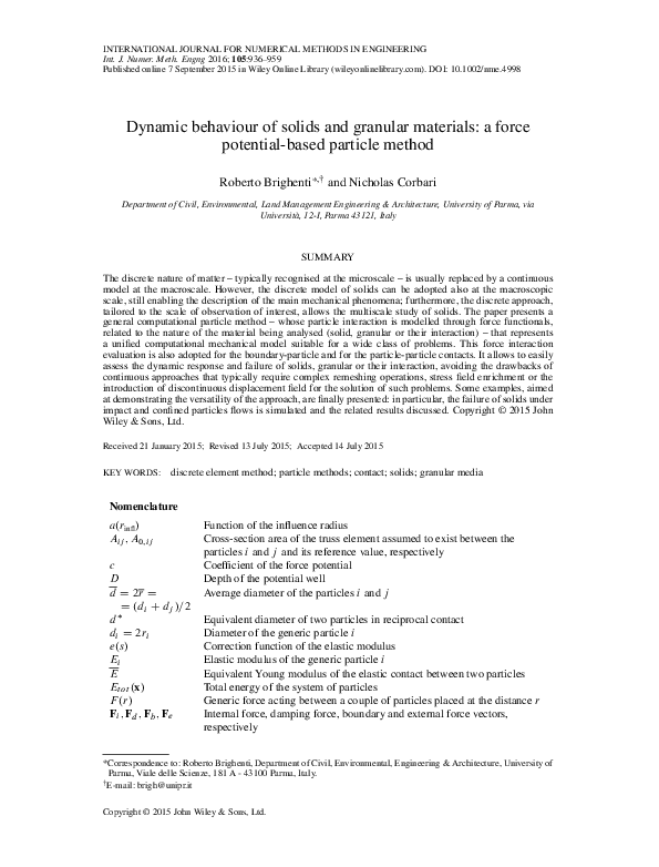 (PDF) Dynamic behaviour of solids and granular materials: a force potential-based particle method