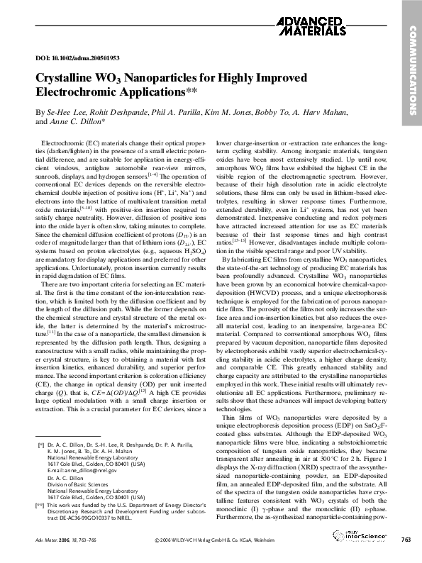 (PDF) Crystalline WO3 Nanoparticles for Highly Improved Electrochromic ...