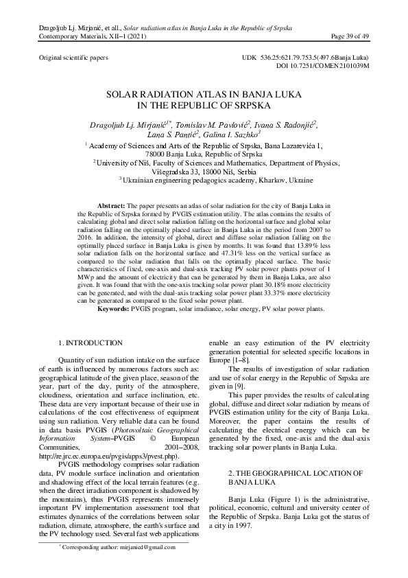(PDF) Solar Radiation Atlas in Banja Luka in the Republic of Srpska