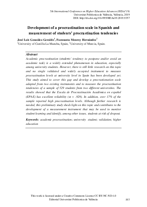 (PDF) Development of a procrastination scale in Spanish and measurement ...