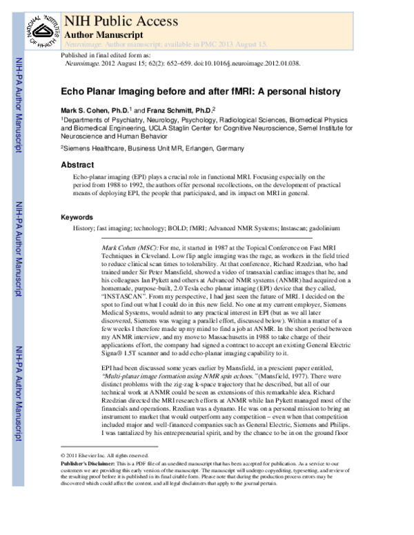 (PDF) Echo planar imaging before and after fMRI: A personal history
