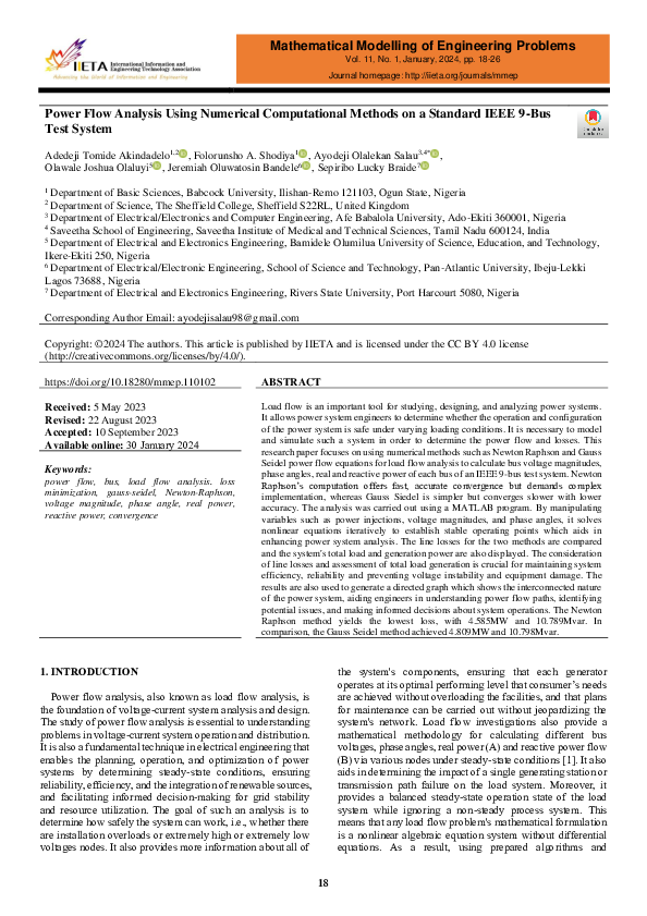 Pdf Power Flow Analysis Using Numerical Computational Methods On A Standard Ieee 9 Bus Test System