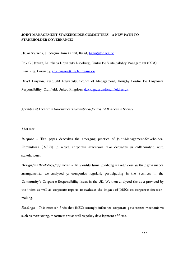 (PDF) Joint management‐stakeholder committees – a new path to ...