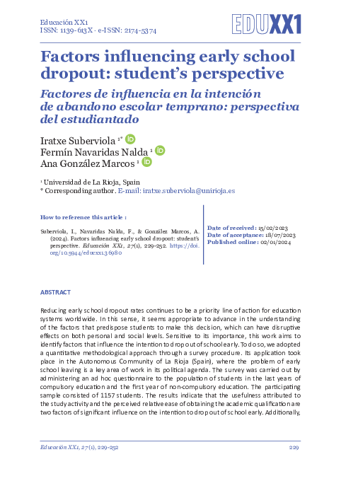 (PDF) Factors influencing early school dropout: student’s perspective