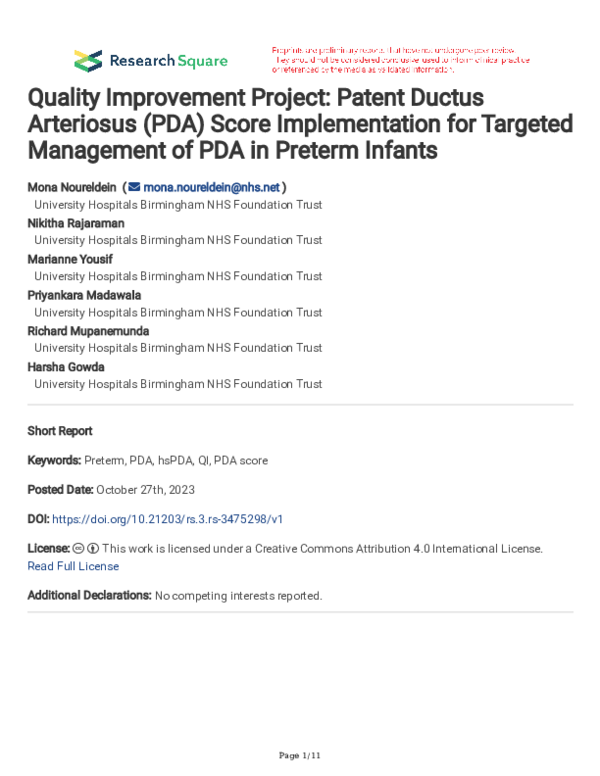 (PDF) Quality Improvement Project: Patent Ductus Arteriosus (PDA) Score ...