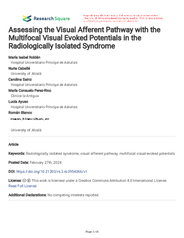 (PDF) Assessing the Visual Afferent Pathway with the Multifocal Visual Evoked Potentials in the ...