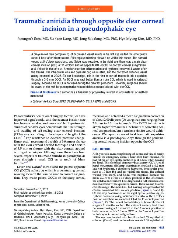 (PDF) Traumatic aniridia through opposite clear corneal incision in a pseudophakic eye