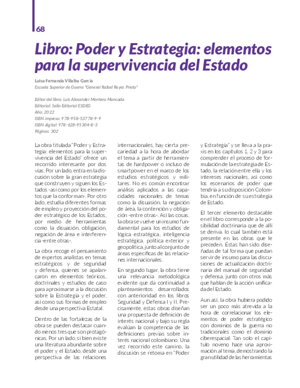 (PDF) Reseña de libro. Poder y Estrategia: Elementos para la supervivencia del Estado