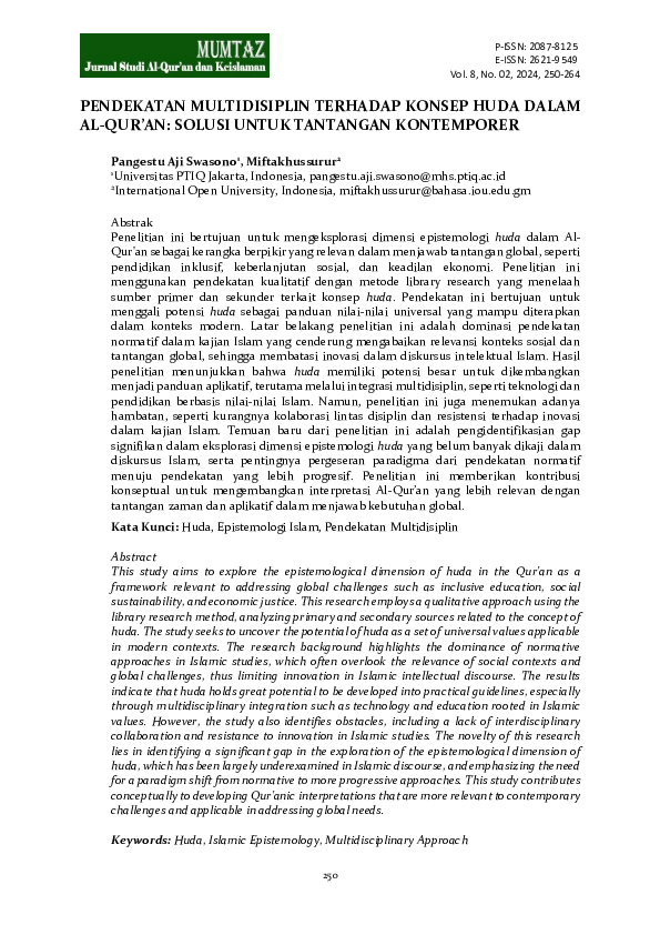 (PDF) PENDEKATAN MULTIDISIPLIN TERHADAP KONSEP HUDA DALAM AL-QUR’AN: SOLUSI UNTUK TANTANGAN ...