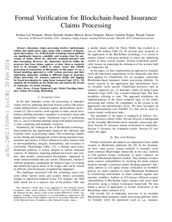 (PDF) Formal Verification for Blockchain-based Insurance Claims Processing
