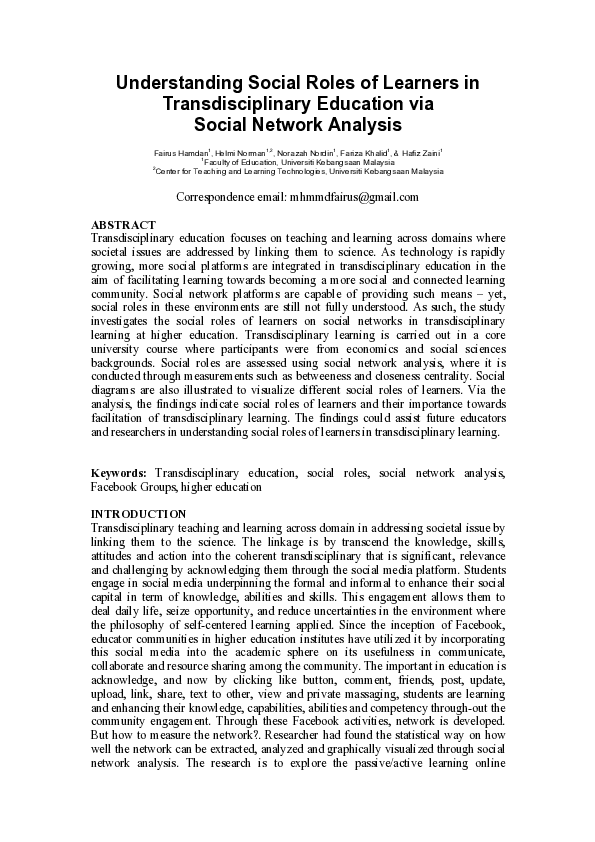 (PDF) Understanding Social Roles of Learners in Transdisciplinary Education via Social Network ...