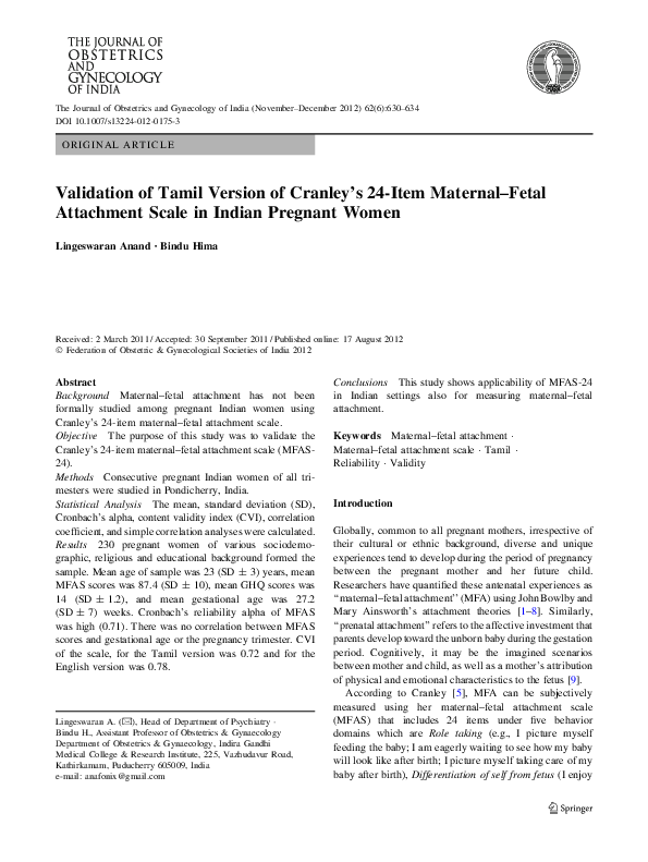 (PDF) Validation of Tamil Version of Cranley’s 24-Item Maternal–Fetal Attachment Scale in Indian ...