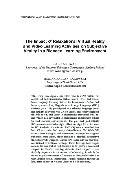 (PDF) The Impact of Relaxational VR and Video Learning Activities on Subjective Vitality in a ...