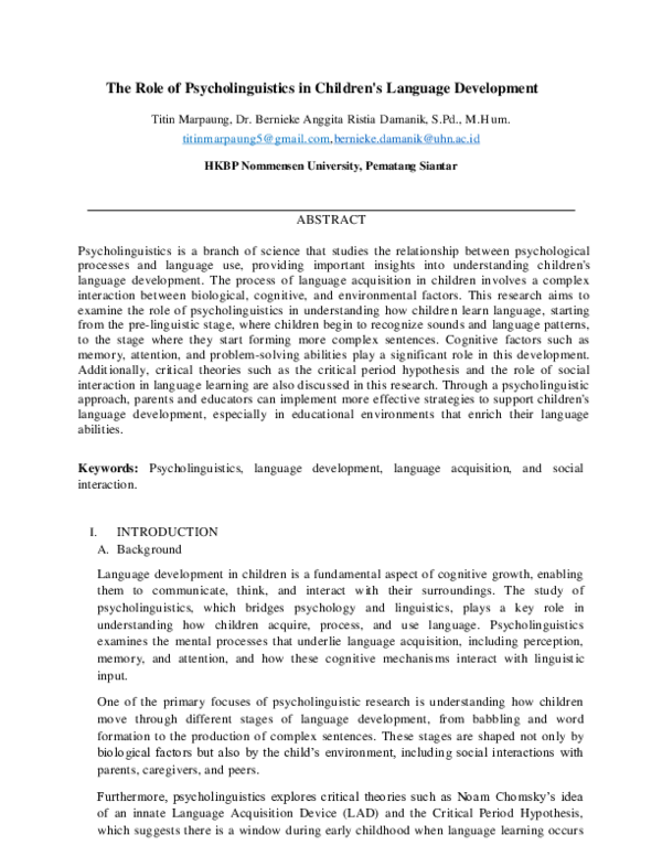 (PDF) The Role of Psycholinguistics in Children's Language Development-