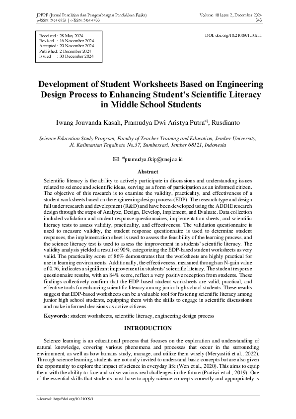 (PDF) Development of Student Worksheets Based on Engineering Design Process to Enhancing Student ...
