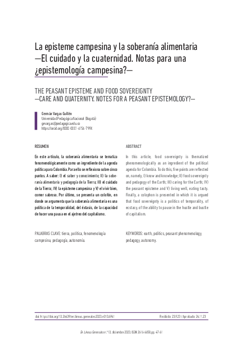 (PDF) La episteme campesina y la soberanía alimentaria —El cuidado y la ...